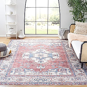 SAFAVIEH Serapi Collection Machine Washable 9' x 12' Red/Ivory Boho Chic Oriental Medallion Living Room Bedroom Dining Area Rug