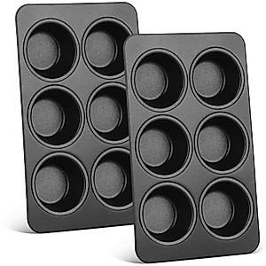 P&P CHEF 6-Cup Muffin Pan Tray Set of 2, Cupcake Pans, Nonstick Coated Stainless Steel Muffin Tin for Baking Mini Egg Cake Brownie Tart, Easy Release & Healthy, Standard Cup Size, Black