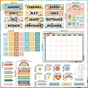 Updated 62Pcs Retro Bulletin Board Borders Classroom Decorations Calendar Season Weather Week Chart Educational Posters Retro Classroom Decor Theme Sets for Kindergarten Home School Classroom Supplies
