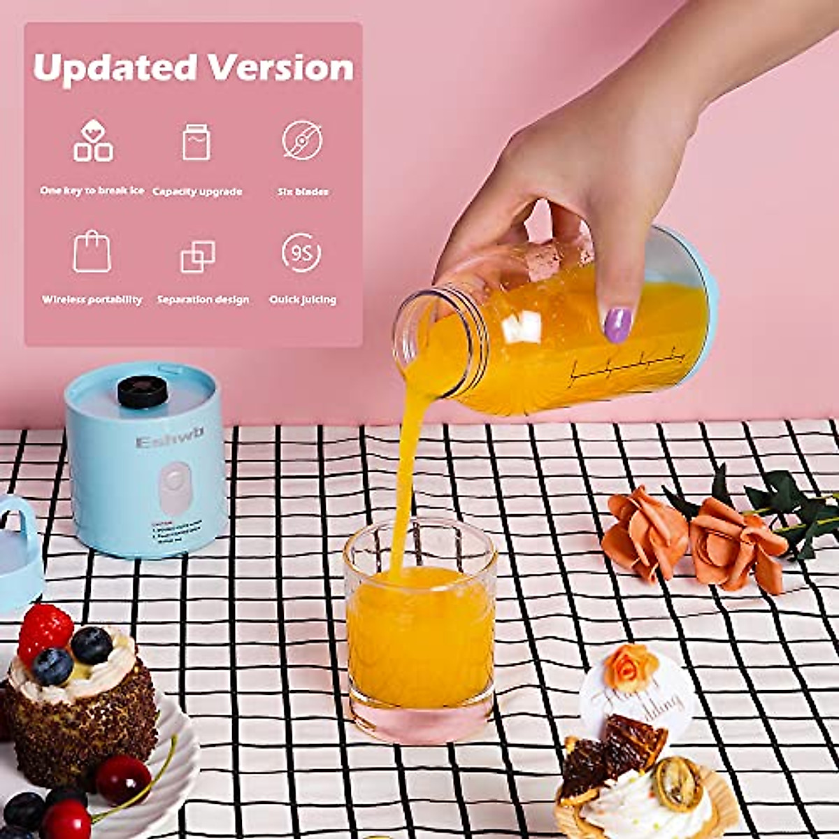 Eshwb Portable Blender,Personal Blender for Shakes and Smoothies, Mini Blender USB Rechargeable with 6 Blades, Handheld Blender for Sports Travel and Outdoors (Blue)