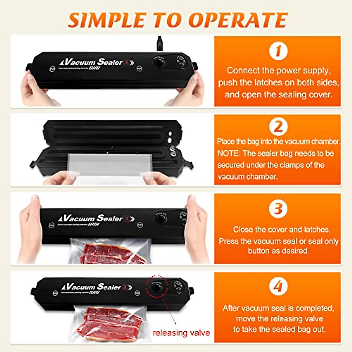 Vacuum Sealer Machine for Food Srorage, Automatic Food Sealer Dry Moist Air Sealing System, with 10 Food Vacuum Sealers Precut Bags (Black, 60kPa)