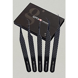 GMI Lash Tweezers - Set of 5 Eyelash Tweezers- Stainless Steel Eyelash Extension Tweezers - Multipurpose Lash Tweezers for Eyelash Extensions for Individual. (Black)