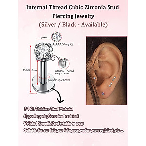 PiercingJ 2-4pcs 16g 316L Stainless Steel 3mm Cubic Zirconia Labret Monroe Lip Ring/Tragus/Helix Earring,6-12mm Bar Length
