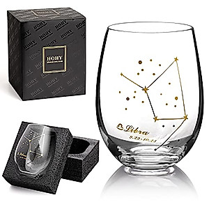 HOHY Libra Wine Glass Libra Gift 20oz, Libra Stemless Wine Glass, Constellation Glasses Zodiac Sign Define Design, Horoscope Gift, Astrology Gifts for Women Men