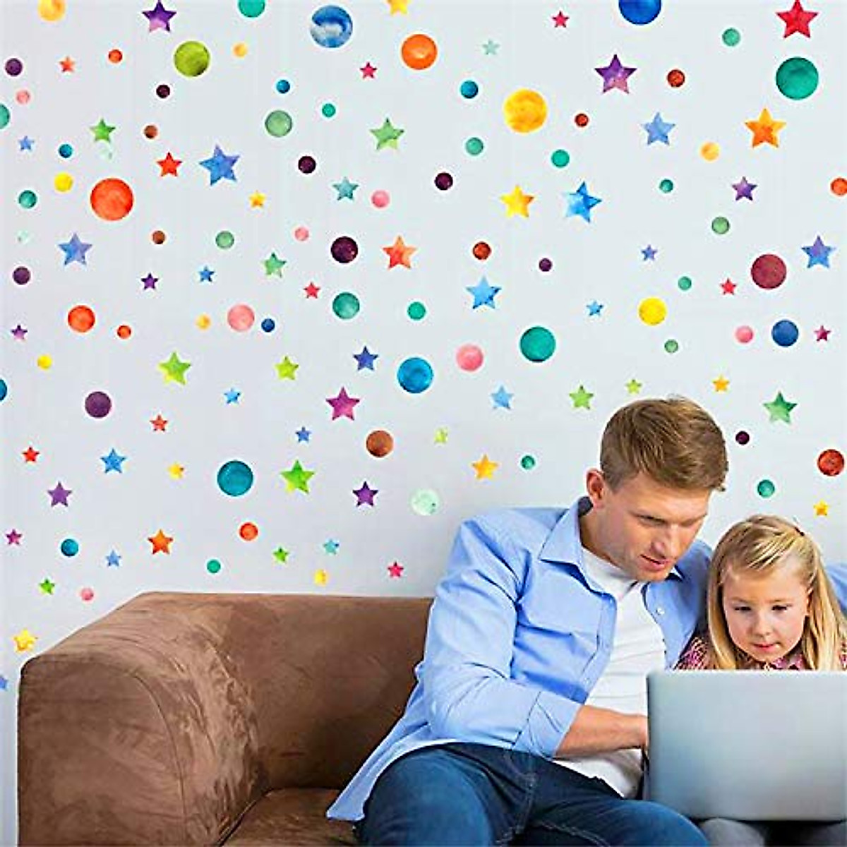 Coobbar 147 Count Multi Size Polka Wall Decals, Peel and Stick Wall Stickers, Rainbow Wall Decals for Kids Room, Living Room, Bedroom(Round and Star)