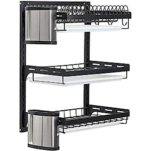 MYOYAY Dish Drying Rack Wall Mounted 3 Tier Hanging Dish Drainer Organizer Storage Shelf Drainer with Drainboard Chopsticks Knife Holder for Kitchen Sink