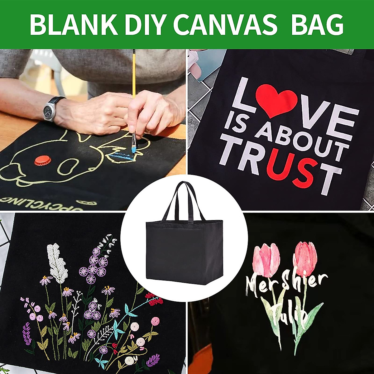 1 Pack Canvas Shopping Bags for Groceries, Holds 60 lbs Heavy Duty Reusable Canvas Grocery Bag, 8.3 gal Multi-Purpose Washable Canvas Grocery Bags Reusable Shopping Bags with 5 Pockets, Black