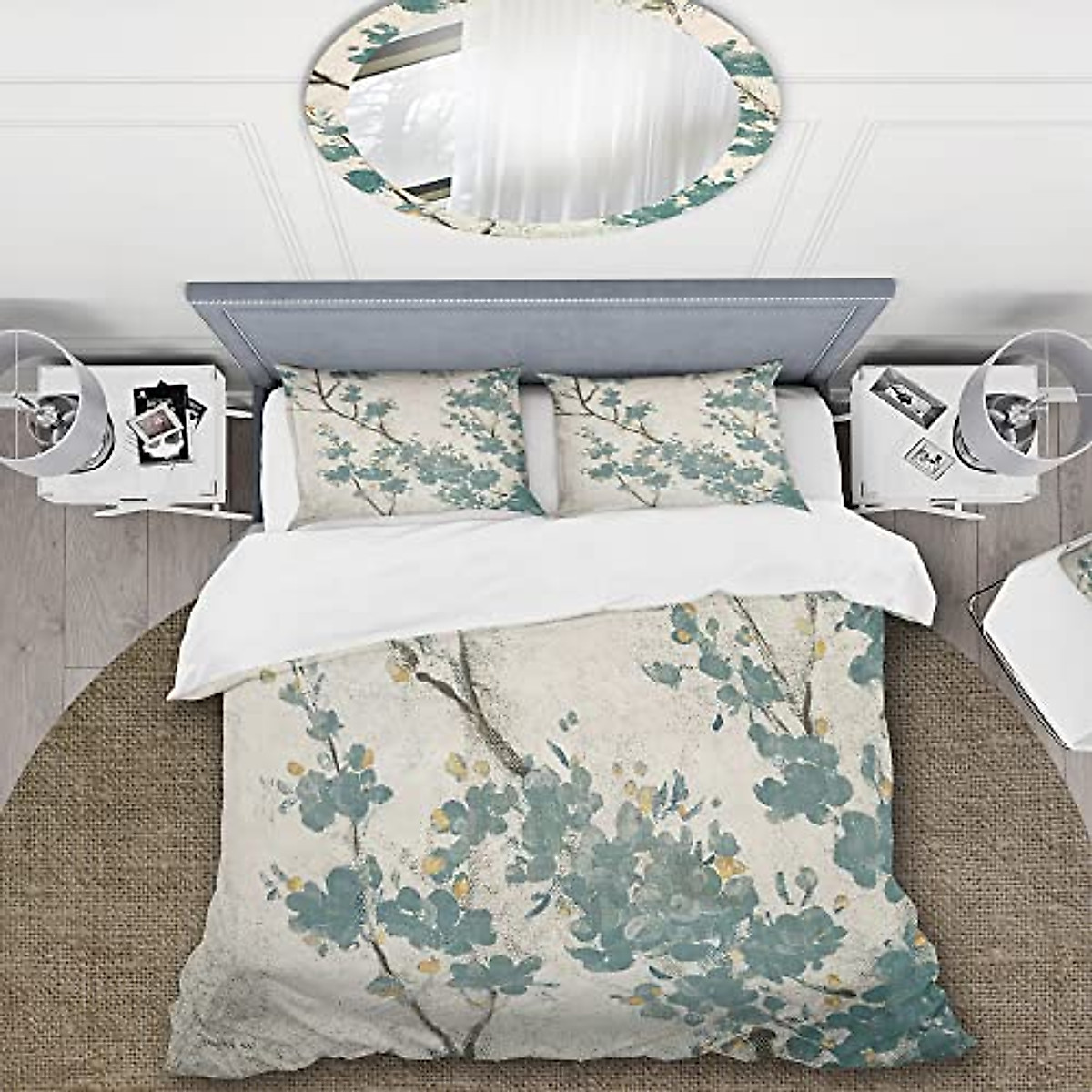DesignQ Teal Cherry Blossoms II Traditional Duvet Cover Set, Blue Duvet Cover Set Queen, Floral Bedding Set of 3 Pieces, All Season Traditional Bedding Sets Queen