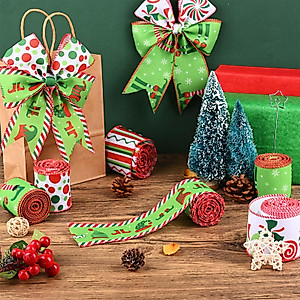 Honic 6 Rolls 30 Yards Christmas Elf Wired Edge Ribbon Elf Hats Legs Multi Dots Stripes Swirl Diagonal Decorative Ribbon for Gift Wrapping Xmas Tree Wreath DIY Crafts