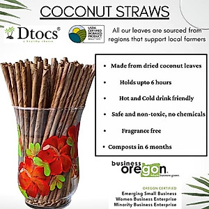 Dtocs 100 Pc. Elegant Bamboo Straw Look Coconut Leaf Disposable Straws | Long Unwrapped Biodegradable Smoothie, Cocktail, Coffee Compostable Straw Alternate to Wooden, Paper, Plastic & Reusable Straws