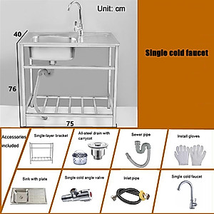 KADEUX Single Bowl Stainless Steel Sink, Outdoor Sink with Faucet and Drainboard, Kitchen Sink Free Standing with Workbench, 1 Compartment, for Garden Restaurant Backyard (Color : Single Cold)