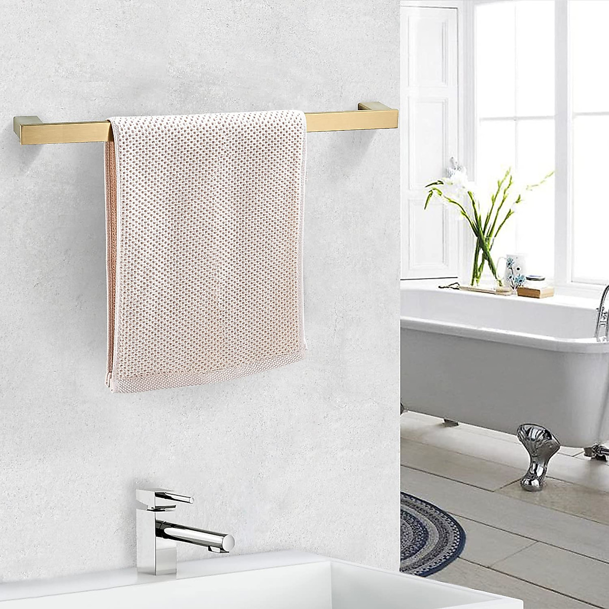 BATHSIR 24 Inch Brushed Gold Towel Bar, Gold Towel Rack Bathroom Towel Holder Square Wall Mounted Stainless Steel