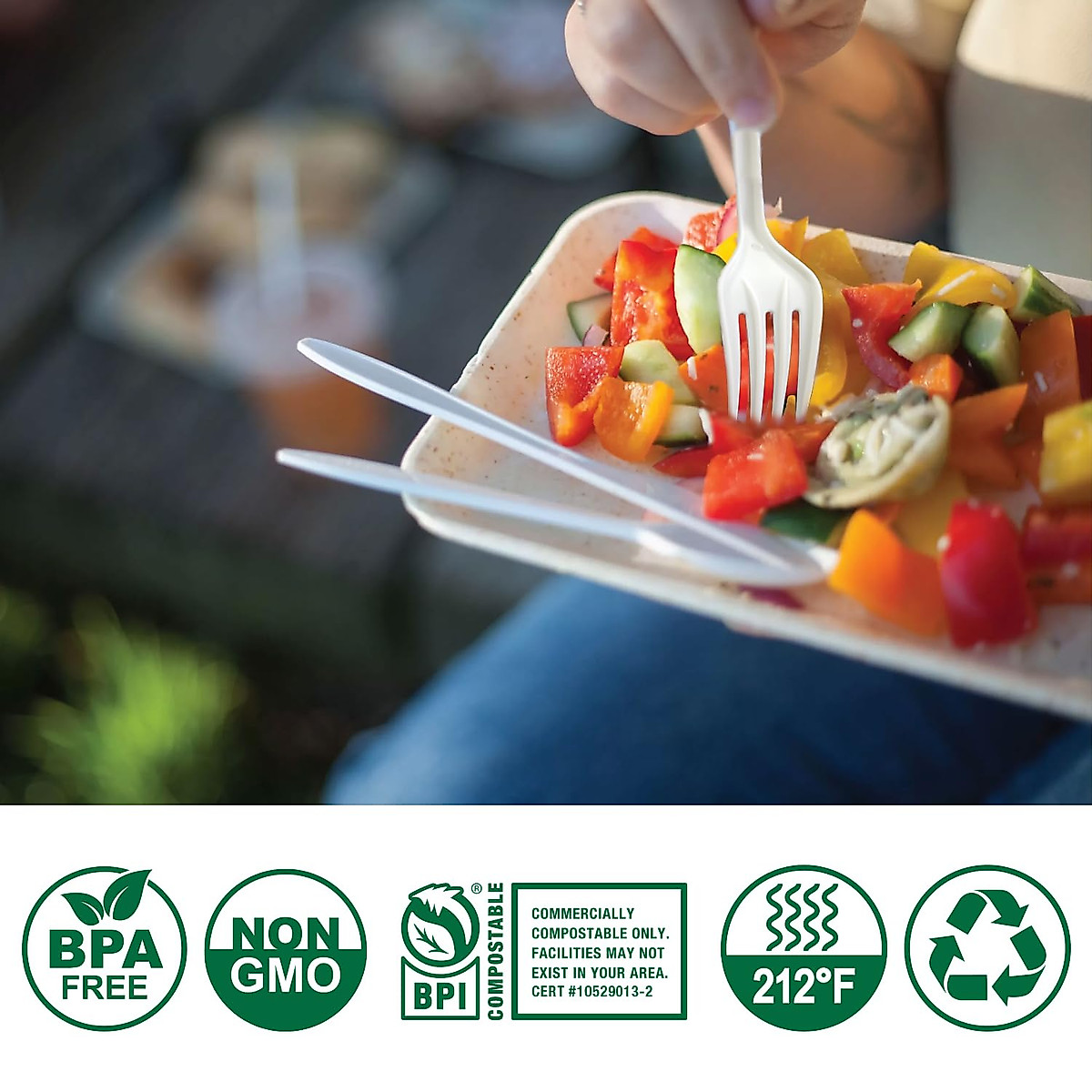 BIOCEAN 100% Compostable No Plastic Knives Plastic Forks Plastic Spoons Plastic Utensils, The Heavyweight Heavy Duty Flatware is Eco Friendly Products for Lounge Party Wedding BBQ Picnic Camping.