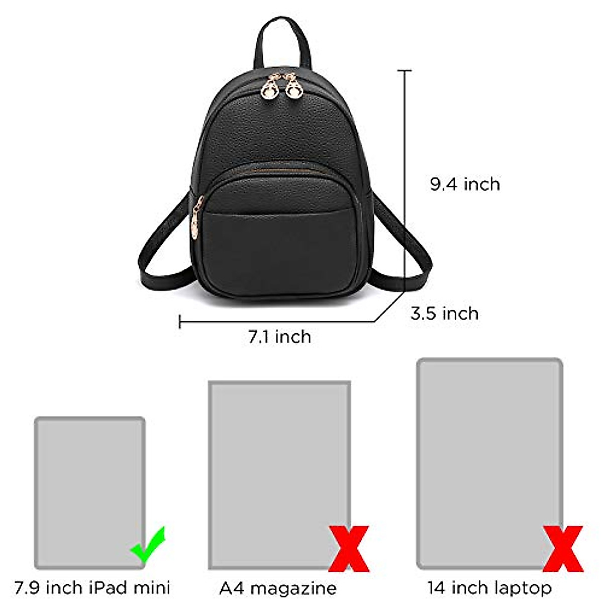 Small Leather Backpack Mini Cute Casual Daypack Fashion Zippered Pockets Crossbody Bags for Women Girl (Black)