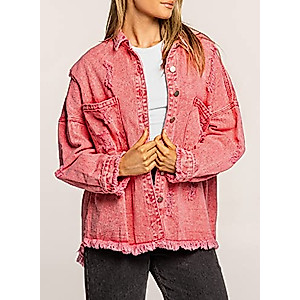 EVALESS Women's Denim Jacket Boyfriend Jean Jackets for Women Fashion 2023 Distressed Shacket Jacket Ripped Frayed Jean Shirts Business Casual Red Top Outfits with Pockets Light Stretchy Shirt,Large
