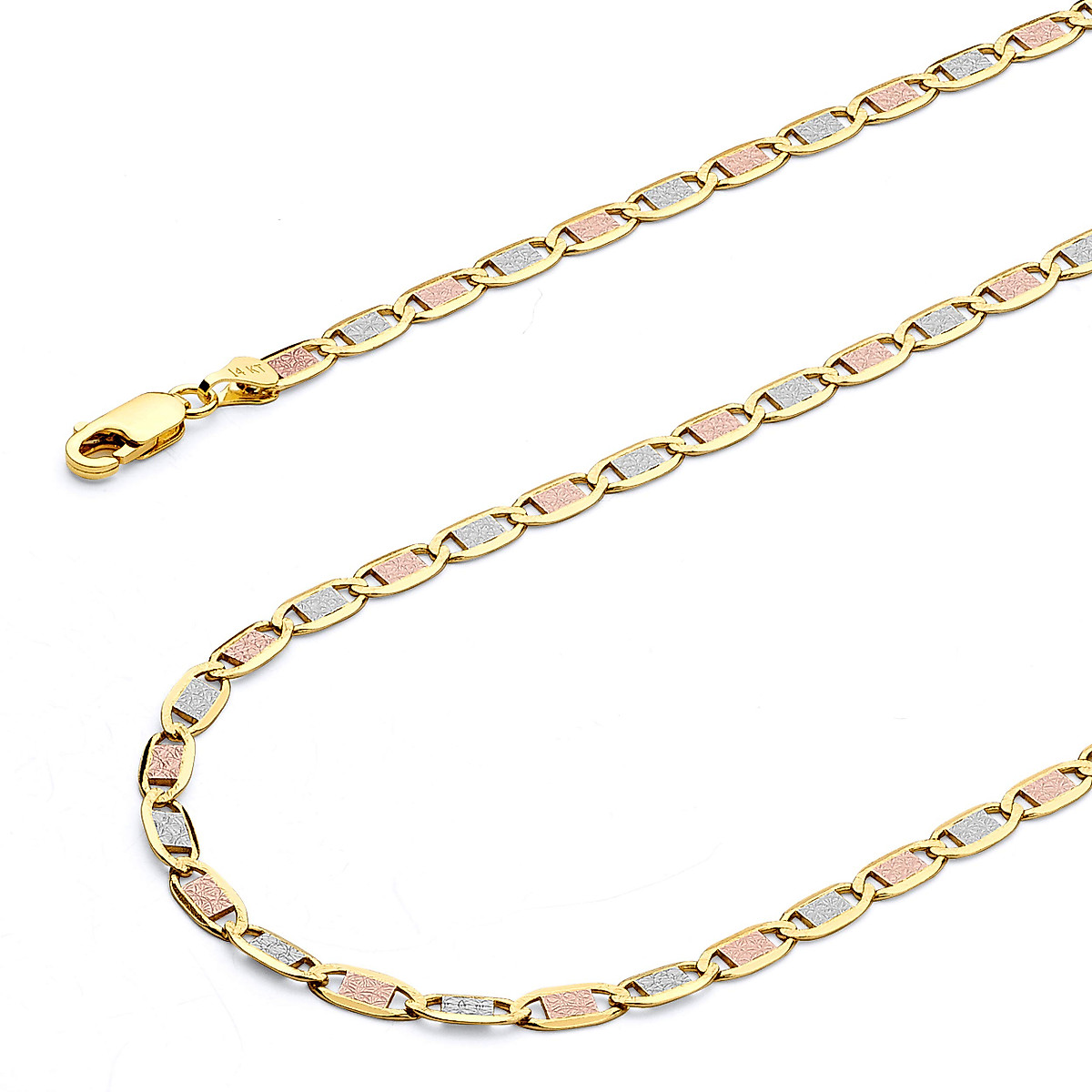 TWJC 14k REAL Tri Color Gold Solid 3mm Chain Bracelet with Lobster Claw Clasp - 7.5"
