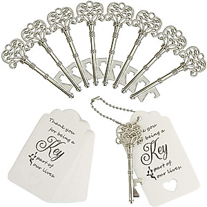 WODEGIFT 100 PCS Wedding Favors Bottle Opener,Wedding Gifts for Guest Vintage Skeleton Key Bottle Opener,Key Bottle Openers with Escort Tag Cards and Key Chains (Silver)