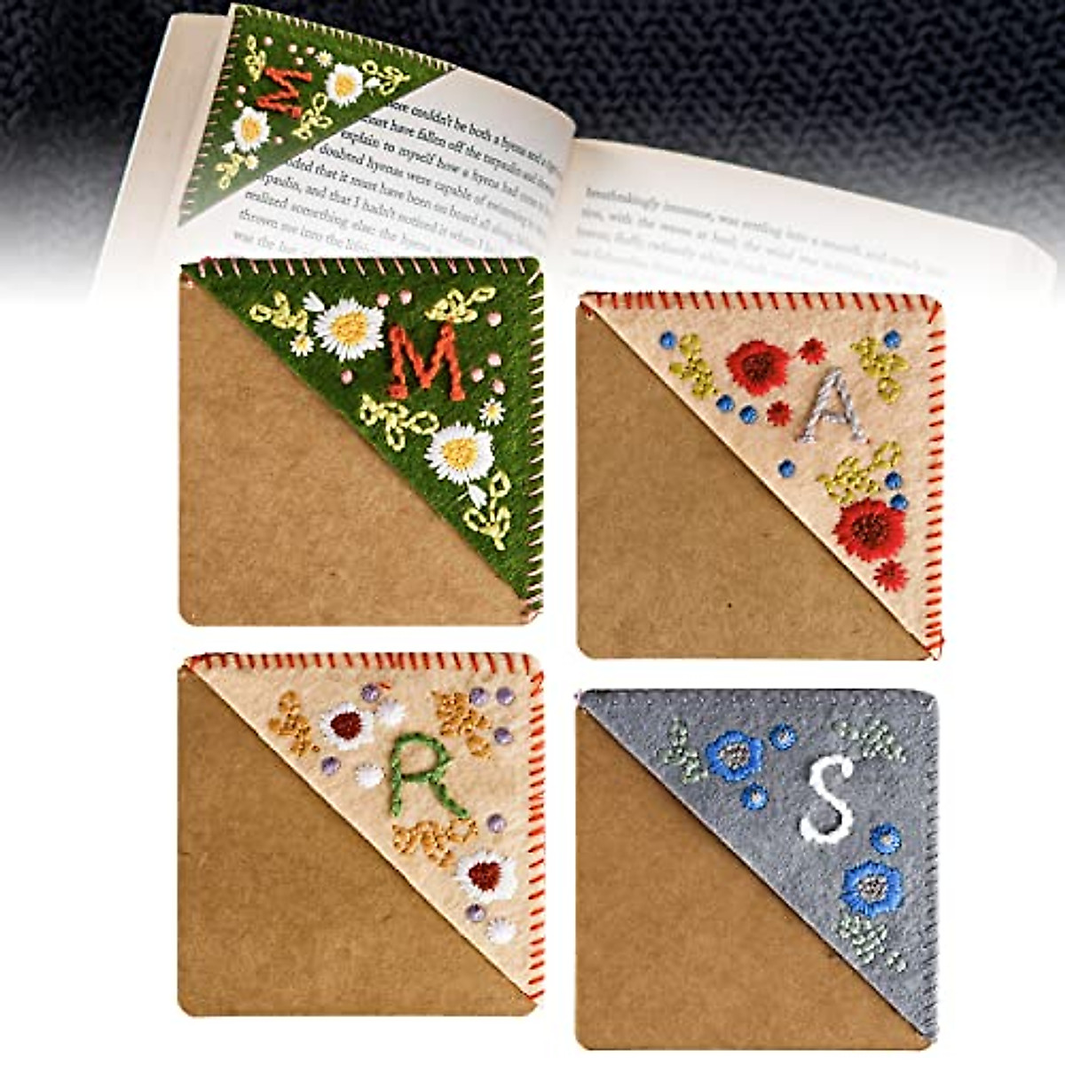 School Supplies 4PCS Hand Embroidered Corner Bookmark Hand Stitched Felt Corner Bookmark Letter Embroidery Bookmarks Felt Triangle Bookmark Gifts for Women Kids Teachers Students Book Lovers