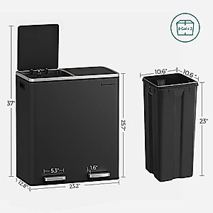 SONGMICS Dual Trash Can, 16 Gal (60L) Rubbish Bin and 15 Trash Bags, Metal Step Bin, with Dual Compartments, Plastic Inner Buckets and Hinged Lids, Airtight, Black ULTB60BK
