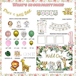 Fiesec Wild One Birthday Decorations Girl, Jungle Safari Animal Theme 1st Party Decorations Backdrop Balloons Leaves Monthly Photo Highchair Banner Box Cutout Cake Topper Crown Poster Pink 127 PCs