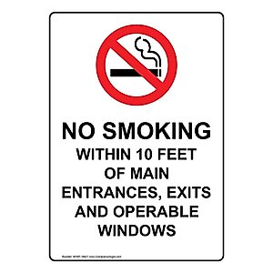 ComplianceSigns.com Vertical No Smoking Within 10 Feet of Main Entrances, Exits and Operable Windows Label Decal, 5x3.5 in. 4-Pack Vinyl for No Smoking