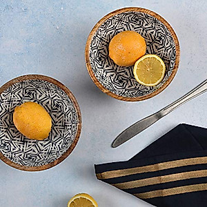 Folkulture Wooden Bowls for Food or Salad Bowls Set, Small Bowl for Serving Pasta and Cereal, Set of 2 Wood Bowl, 6 inch by 3 inch, Mango Wood, Blue Leaves