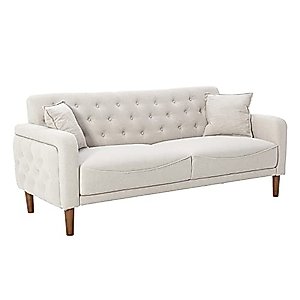 Aoowow Linen Fabric Sofas and Couches 78 Inches Long, Mid Century Modern Couch Tufted Back Sofa with 2 Throw Pillows, Armrest and Wooden Legs for Living Room, Apartment, Bedroom (Beige)