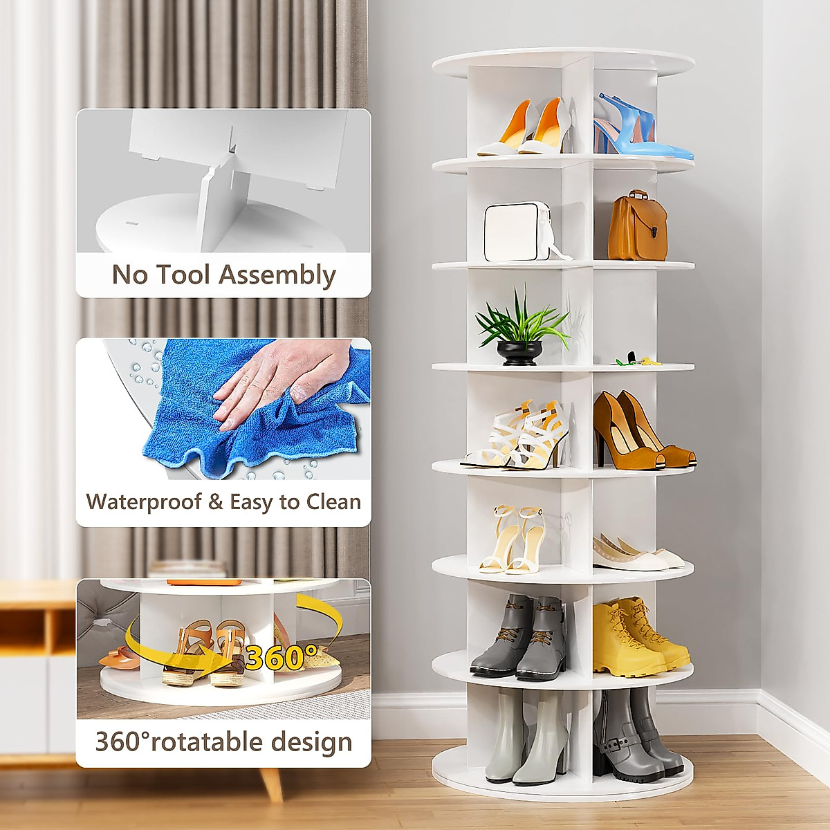 Slumber Castle Rotating Shoe Rack Tower, 7 Tier Revolving Shoe Rack, 360° Spinning Shoe Rack for Closet, Vertical Shoe Tower Organizer, Easy to Assemble Closet Organizers and Storage for Handbag,Shoe