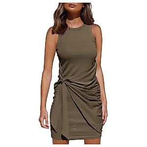Padaleks Women's Sleeveless Round Neck T Shirt Dress Casual Tie Waist Ruched Bodycon Mini Dresses Knee Length