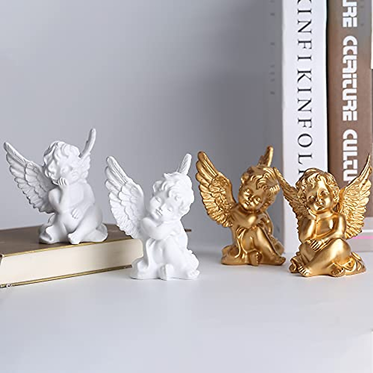 orenm 2 Pack Resin Cherubs Gold Angel Statue Figurine, Garden Sleeping Cherub Statue Sculpture Indoor Outdoor Home Decoration, Cute Adorable Angle Sculpture Memorial Statue(4" Height) (Gold)