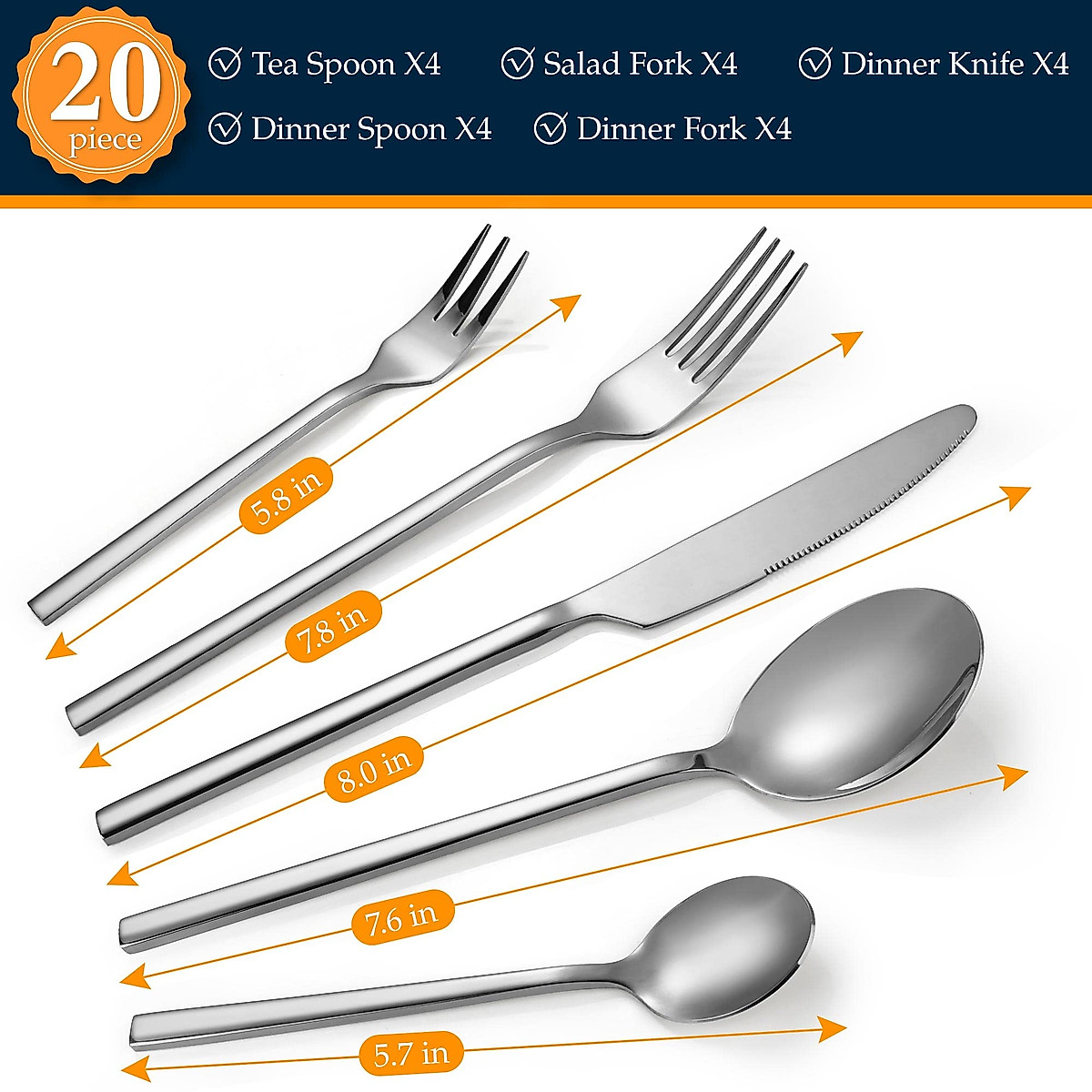 20-Piece Elegant Silverware Cutlery Set, Stainless Steel Utensils Service for 4, Mirror Polished and Dishwasher Safe