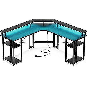 Coleshome L Shaped Gaming Desk with LED Lights & Power Outlets, Reversible 56" Computer Desk with Full Monitor Stand & Storage Shelves, Ergonomic Home Office Corner Desk, Black Carbon Fiber