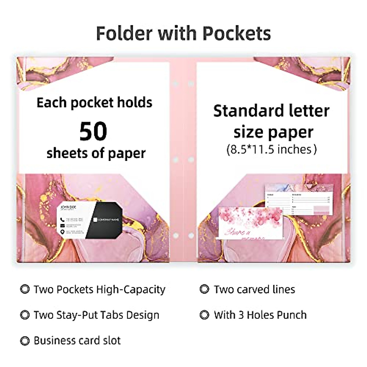 Ospelelf Folders with Pockets, Waterproof Plastic Folder with Two Fixed Corner Tabs and 2 Pockets Includes Business Card Slot, Includes Sticker, Fits 3 Ring Binder Holds 11" x 8.5", 6-Pack