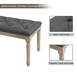 Yusong Upholstered Bench,Bedroom Bench for End of Bed,Piano Bench Dining Bench Entryway Shoe Bench with Button Tufted Padded Seat for Living Room, Vanity Bench Foot-Stool with Carved Wood Legs,Grey