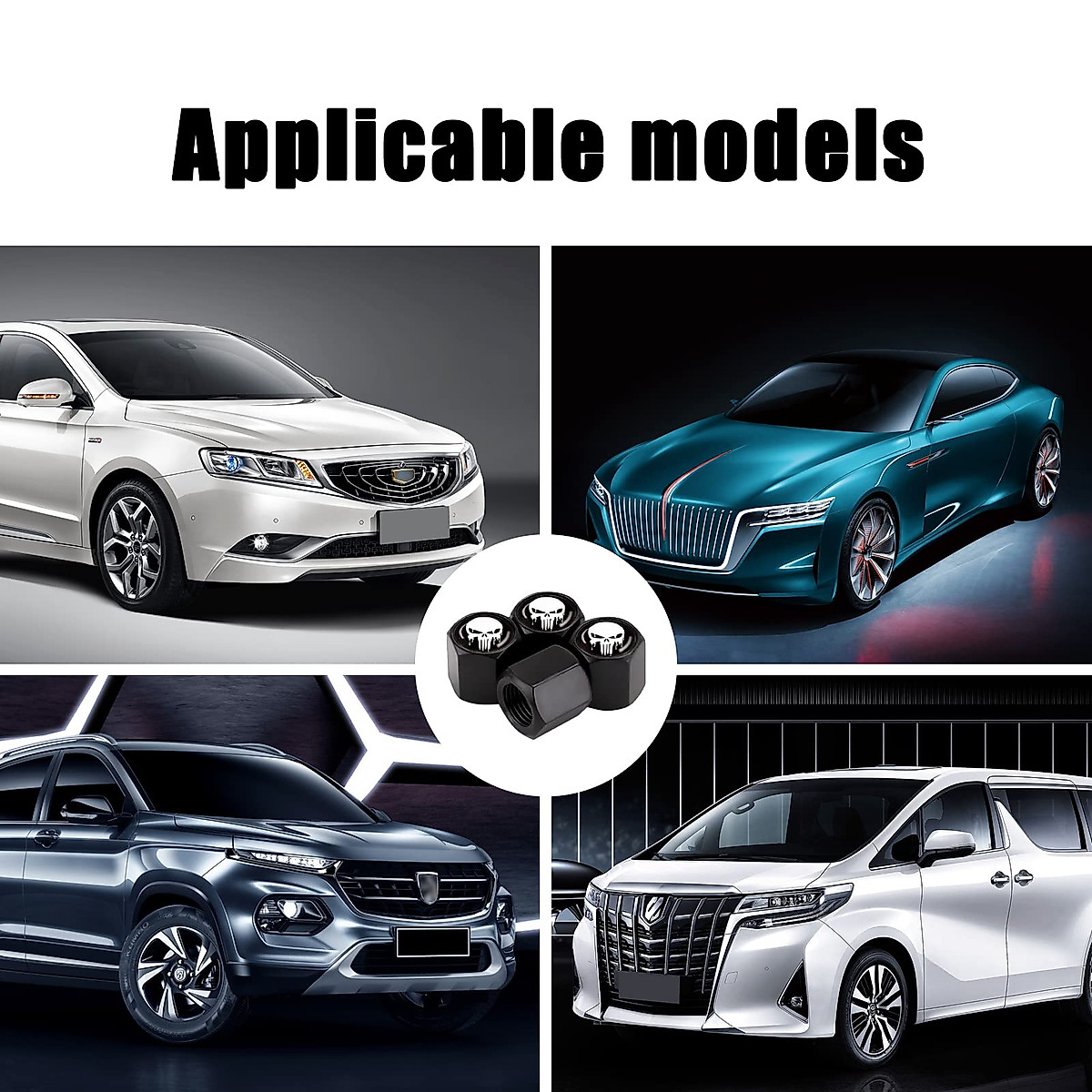 Fogfar 4 Pack Car Valve Stem Caps, Skull Tire Air Valve Caps for Car, Universal Tire Wheel Rim Dust Covers (Black & White)