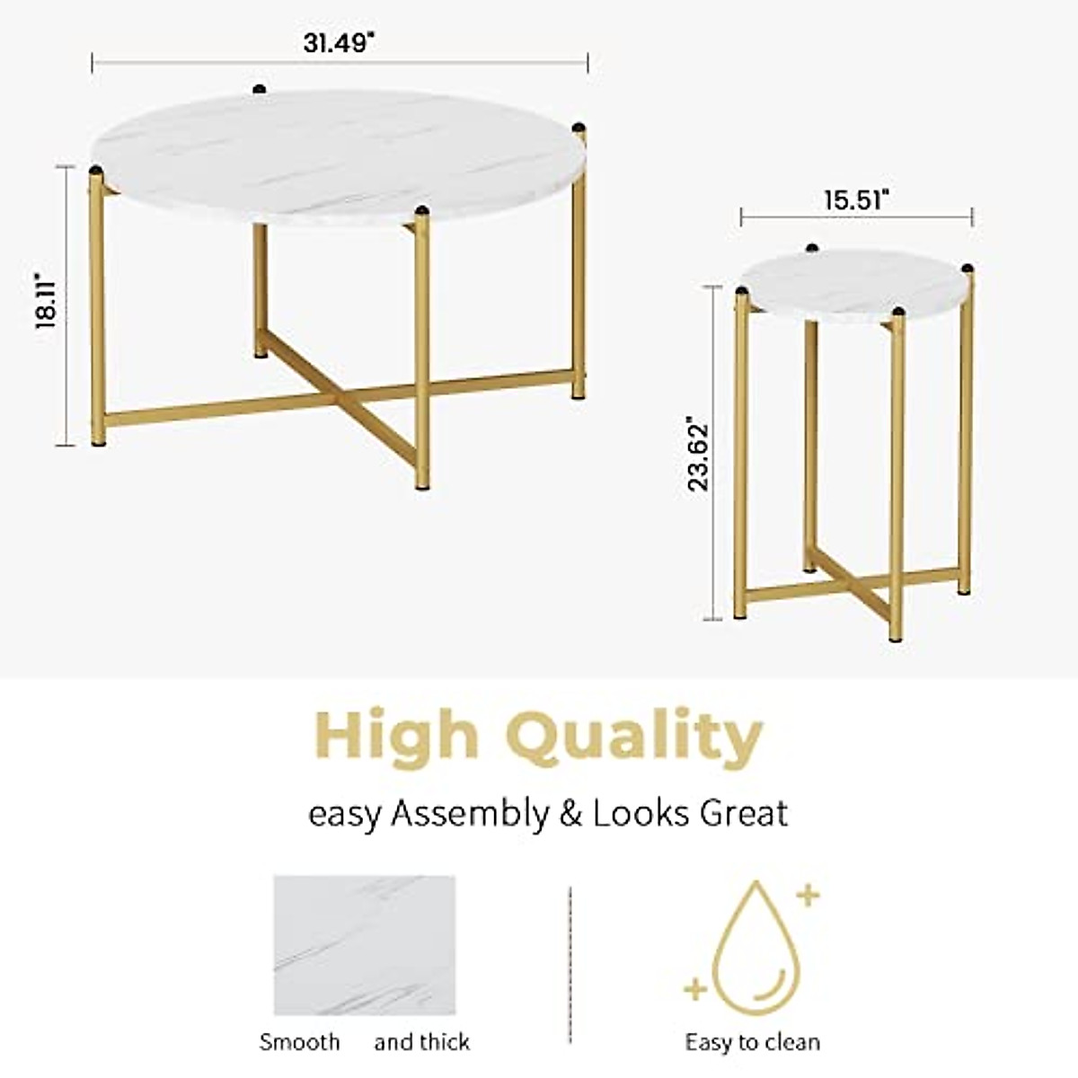 DKLGG Coffee Table Set of 3, Modern Round Coffee Table & 2pcs End Table Faux Marble Tabletop with Gold Cross Base Frame, Modern Living Room Table Sets for Apartment, Small Space (Gold)