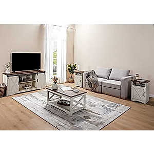 AMERLIFE 4-Piece Farmhouse Table Set Includes Sliding Barn Door TV Stand, Coffee Table& Two End Tables, Side Table with Charging Station and USB Ports, for Living Room, Bedroom, Distressed White, 59‘