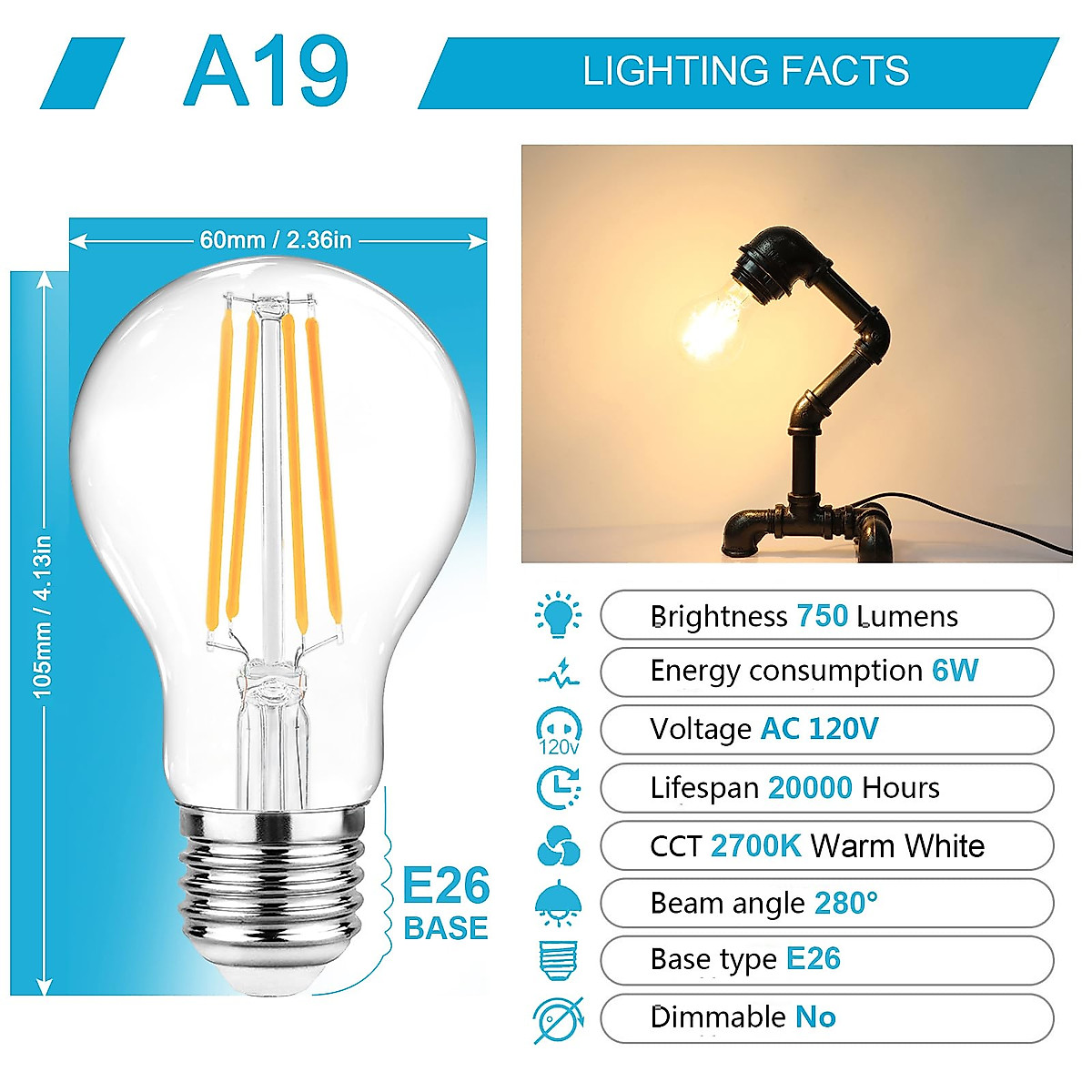 Ascher 60 Watt Equivalent, E26 LED Filament Light Bulbs, Warm White 2700K, Non-Dimmable, Classic Clear Glass, A19 LED Light Bulb with 80+ CRI, 6-Pack