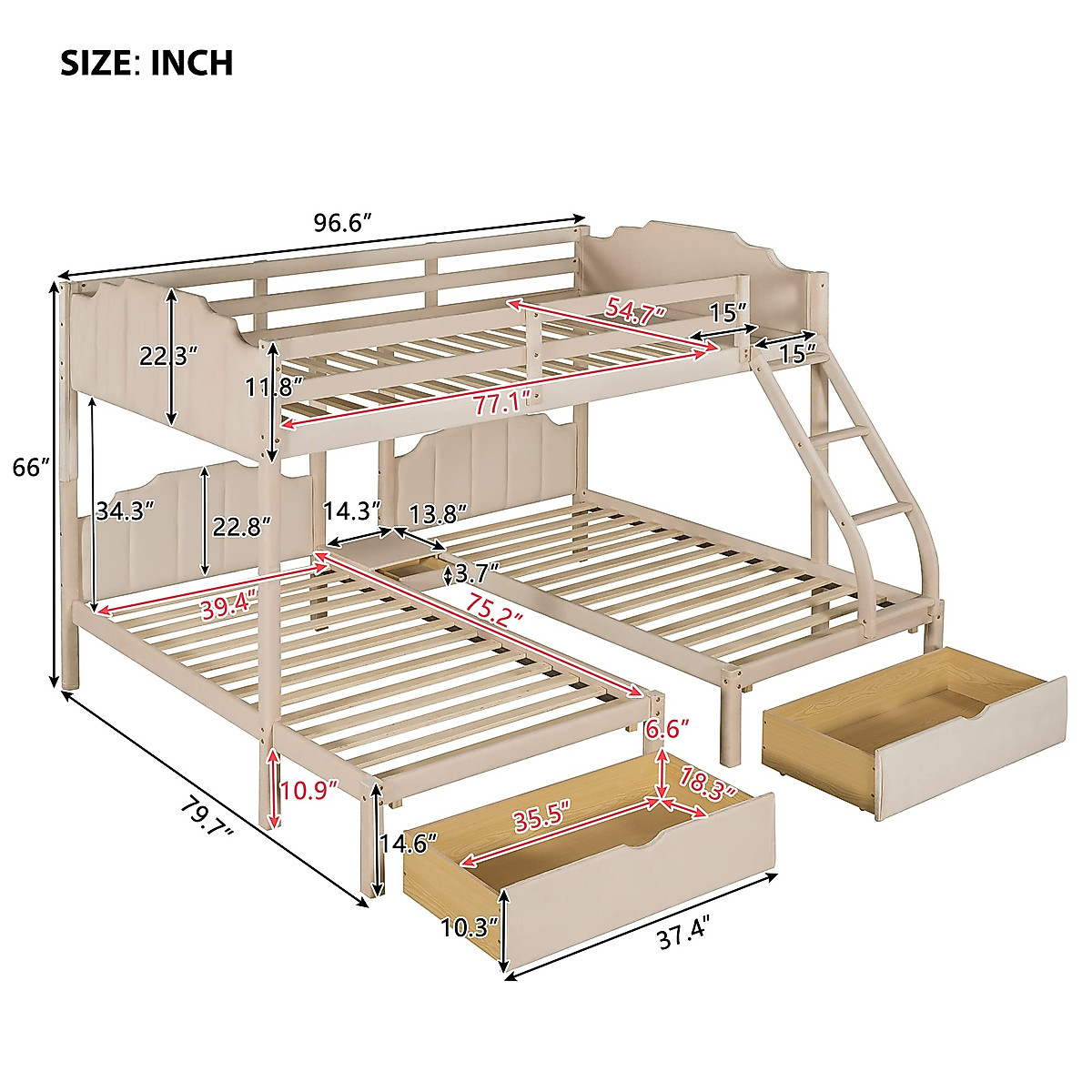 PRNDOLE Full Over Twin & Twin Bunk Bed,Triple Bunk Bed with 3 Drawers,Headboard and Guardrails for Kids Teens Adults,Beige
