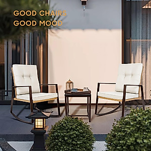 YIYAN 3 Pieces Patio Bistro Set Outdoor Rattan Wicker Rocking Chairs Set,Patio Outdoor Furniture Conversation Sets with Sofa Chairs,Glass Coffee Table and Washable Cushion (Light Beige)