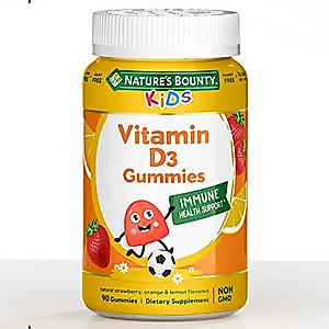 Nature's Bounty Kids Vitamin D3 Immune Health Support Gummies, Natural Strawberry, Orange & Lemon Flavored, Non GMO + Gluten Free, 90 Gummies