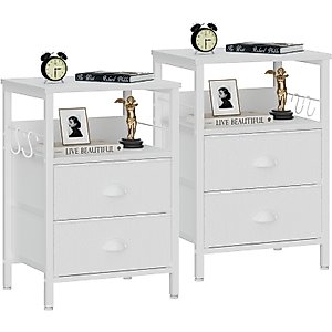 Furologee Nightstands Set 2, End Table with 2 Fabric Drawers, Bedside Table with 2 Hooks, Open Wood Shelf Side Sofa Table for Bedroom/Living Room/Hallway/White