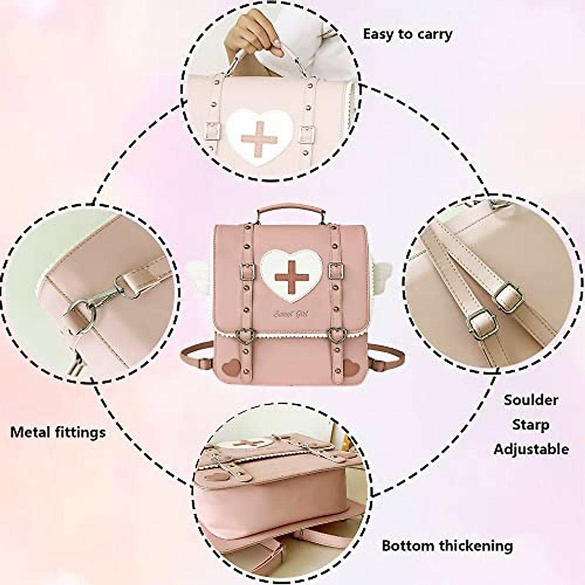 Girls College Style Anime Schoolbag Students Cute Sweet Angel Wings Novelty Backpack Women's Fashion Casual Daypacks (White,11.4*3.9*12.2in)