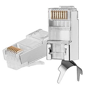 Quilence Cat7 Cat6A Connectors with Double Assembly Design Gold Plated Shielded RJ45 Modular Plug for 23AWG Solid and Stranded Cat7 Cat6A Cable 50u Gold Plated – 25Pack