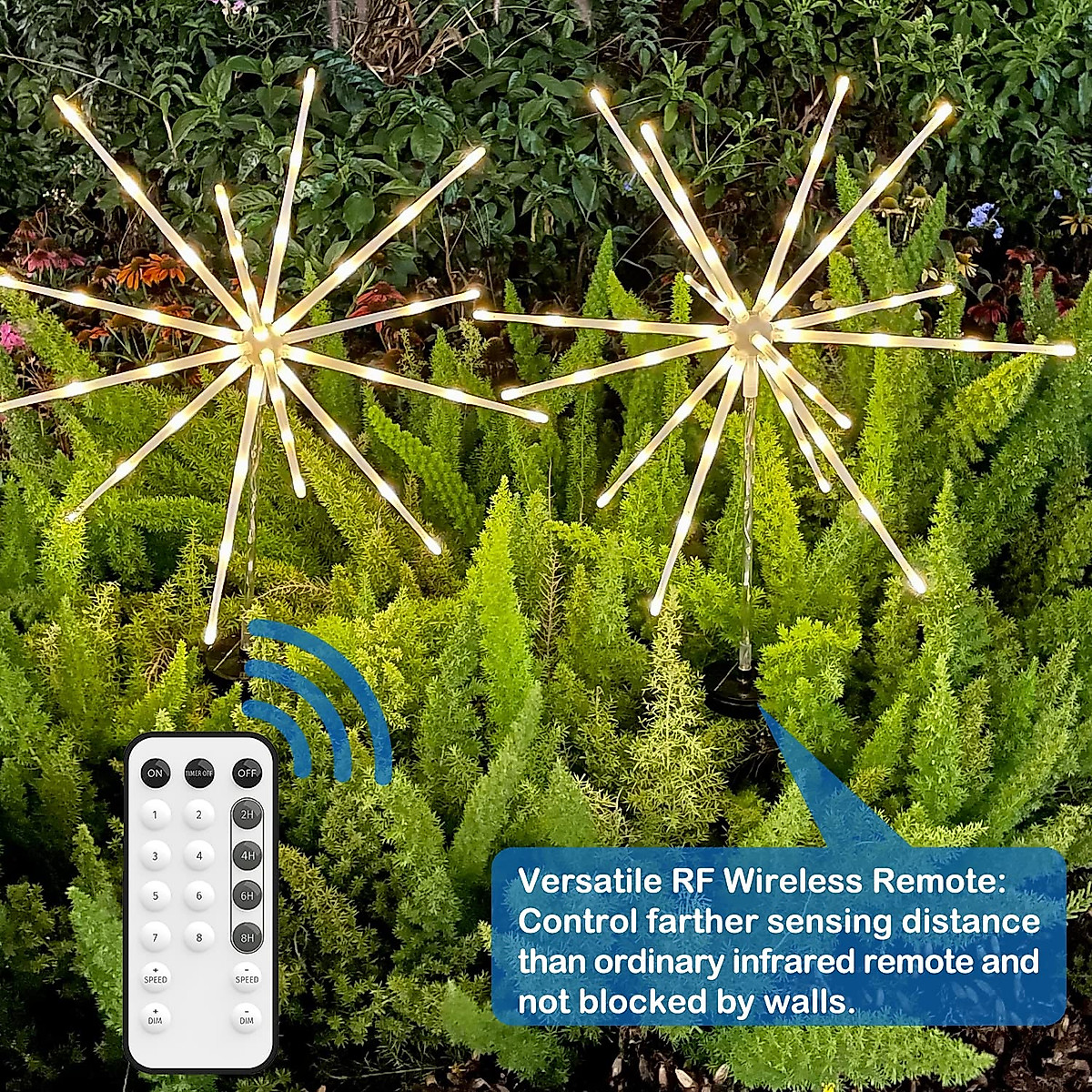 2 Packs Outdoor Solar Firework Lights Solar Powered Starburst Lights LED String Lights with Remote, 8 Lighting Modes Star Lights, Christmas Decorative Hanging Lights for Party Wedding Patio Garden
