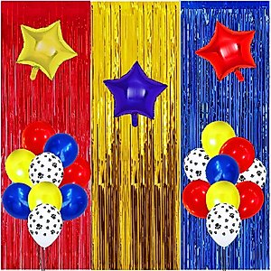 Paw Birthday Decorations, Paw Party Supplies Red Blue Gold Foil Fringe Curtain, Red Blue Yellow Balloons, Dog Paw Print Balloons for Kids Baby Shower Party Decorations