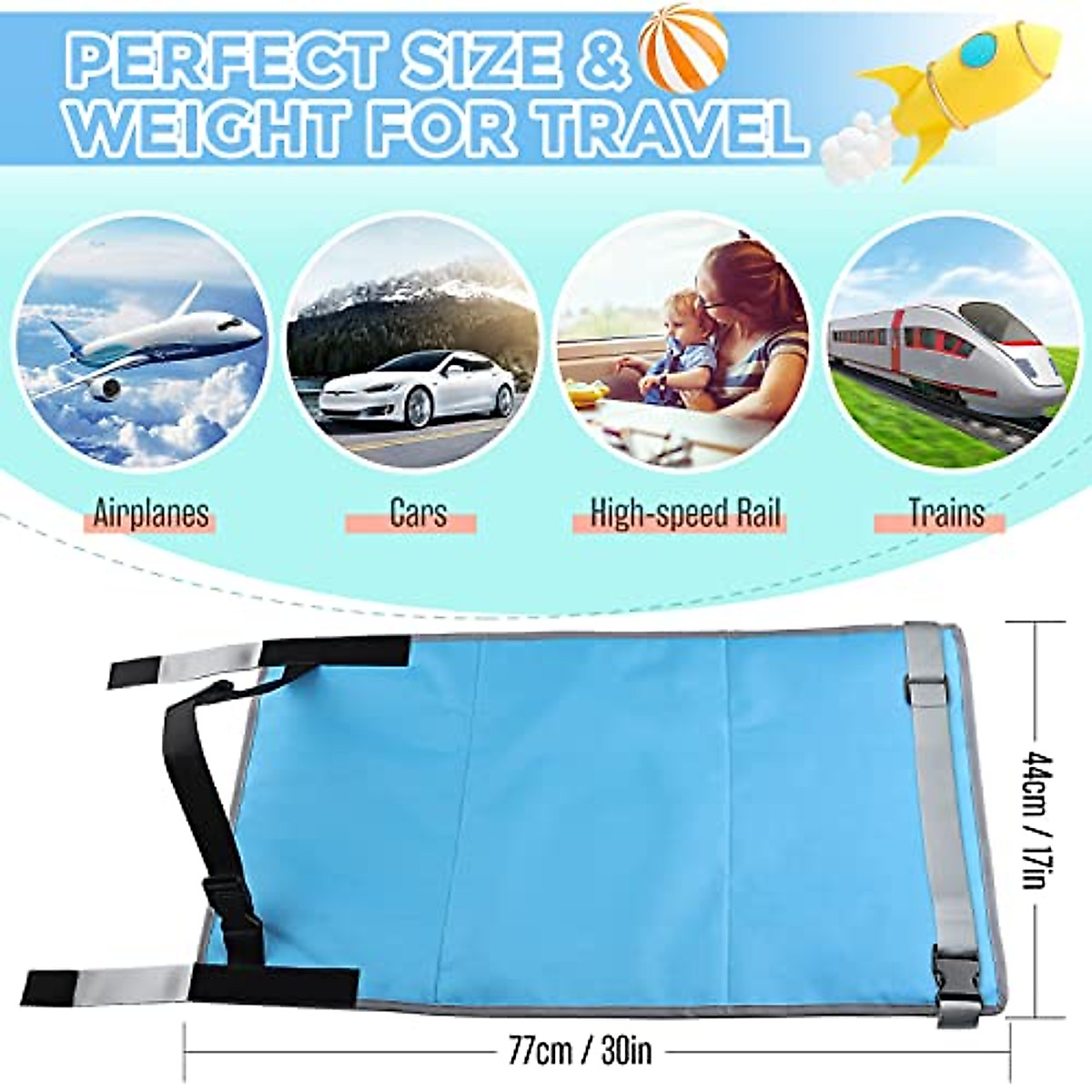 Kids Airplane Footrest, Portable Travel Foot/Leg Rest Baby Hammock Toddler Bed Airplane Seat Extender Mat with Storage Pocket Fits Airplane Flights/High-Speed Rail Seat/Cars/Buses/Trains (Blue)