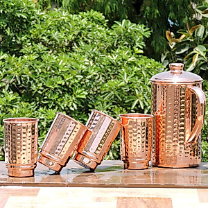 HealthGoodsIn - Pure Copper Hammered Pitcher with 4 Copper Tumblers | Hammered Copper Pitcher and Tumblers for Ayurveda Health Benefits