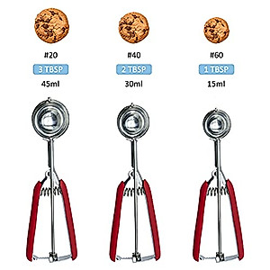 HEGO YUM Cookie Scoop,Ice Cream Scoop,3PCS Stainless Steel 1.5/2/3Tablespoon ice cream scooper,Red Rubber Grips Design,Durable and Effortless,for Ice Cream,Melon Baller and Baking(20#M/30#L/40#L)