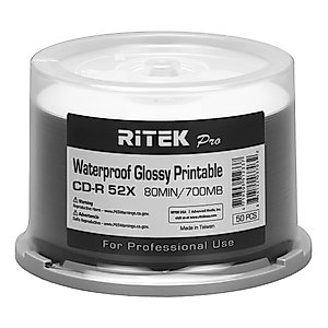 400 Pack Ritek Pro CD-R 52X 700MB 80Min Professional Grade Watershield Water Resistant Glossy White Inkjet Hub Printable Blank Recordable Disc